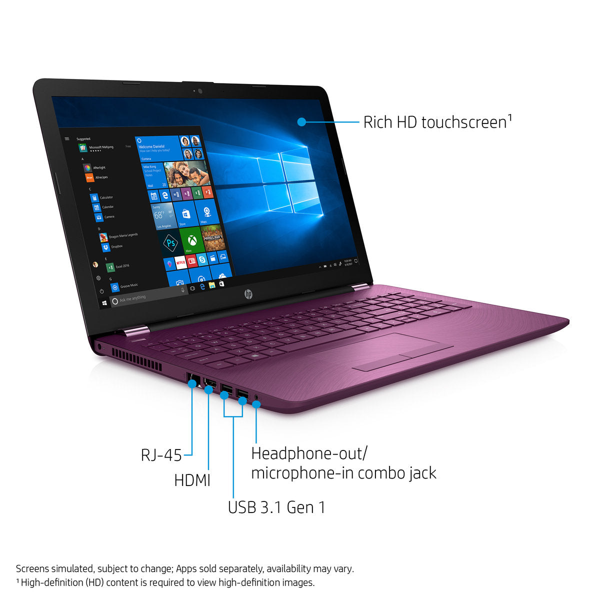 PURPLE HP 15-bs010ds 15.6" Touchscreen Laptop, Intel Pentium N3170 (4G ...
